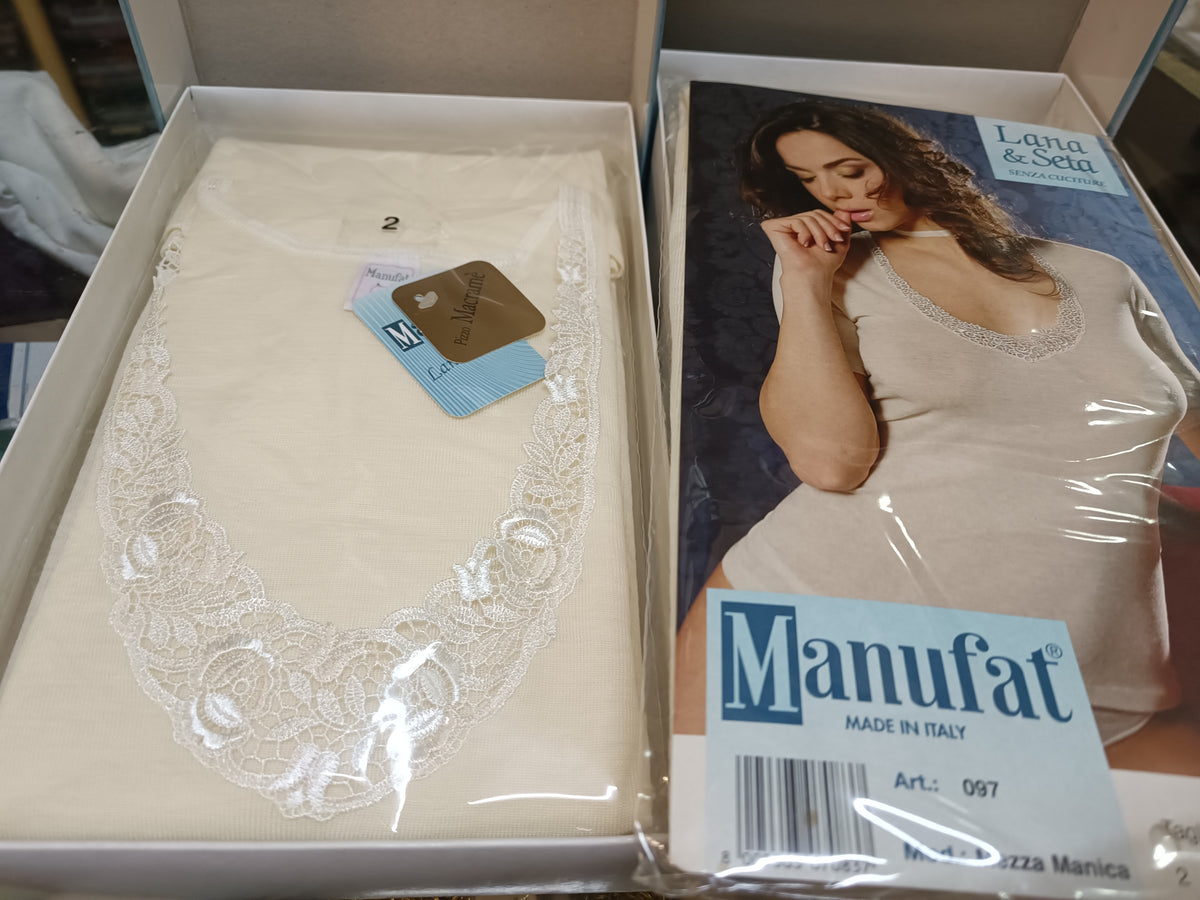 Maglia intima donna, mezza manica, Manufat, lana e seta, avorio, con p ...